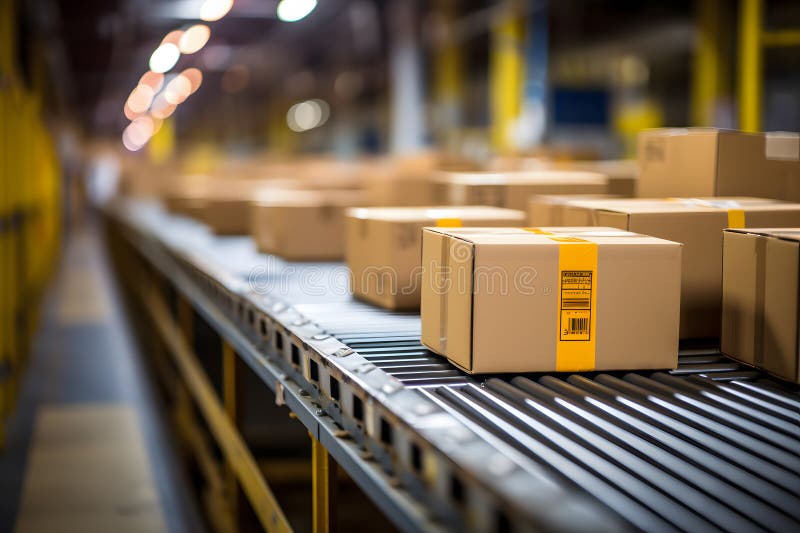 Conveyor Line with Cardboard Boxes on it in Distribution Warehouse ...