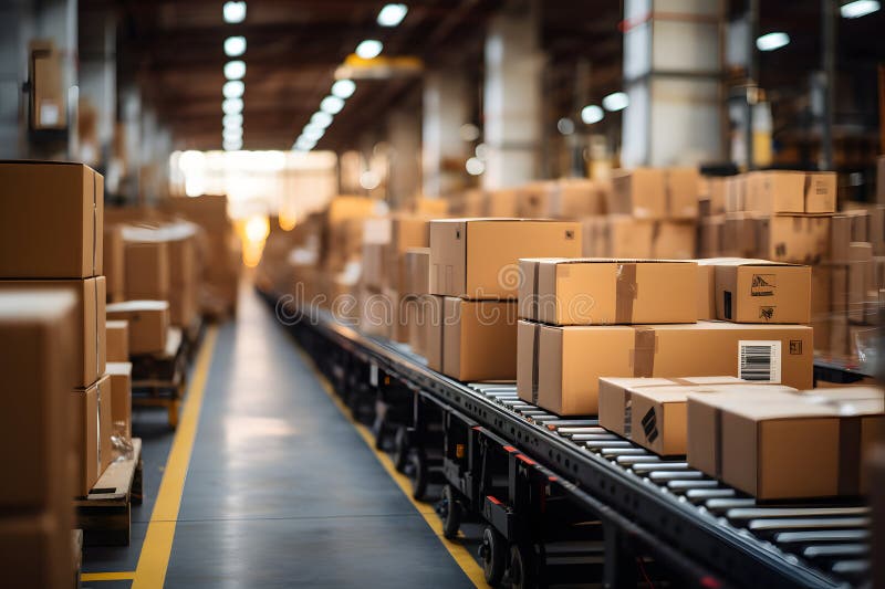 Conveyor Line with Cardboard Boxes on it in Distribution Warehouse ...