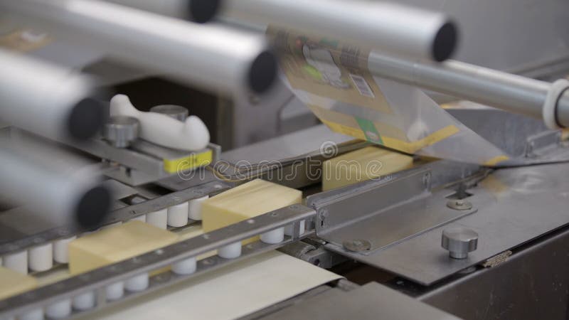 Conveyor Line for Cheese Packaging Process. Close Up of Cheese ...
