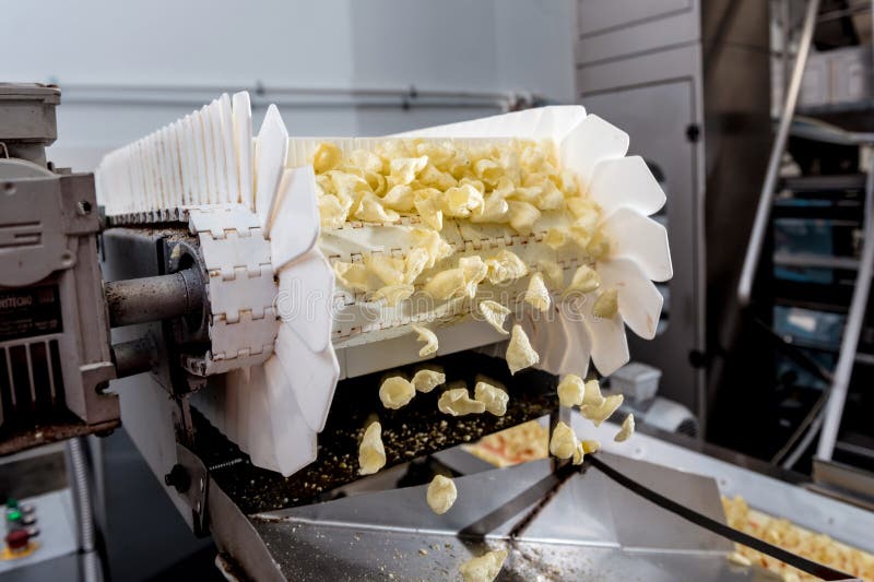 Conveyor Line for Frying Snacks and Chips in a Modern Factory Stock ...
