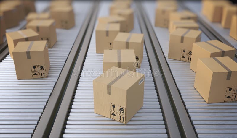 Conveyor with Many Cardboard Boxes. Package Delivery Concept. 3D ...