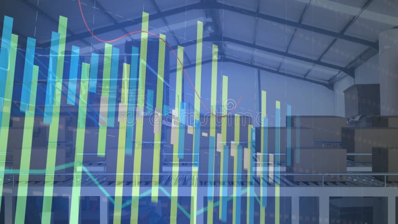 Conveyor Moving Boxes in Warehouse while Bar Chart and Line Graph ...