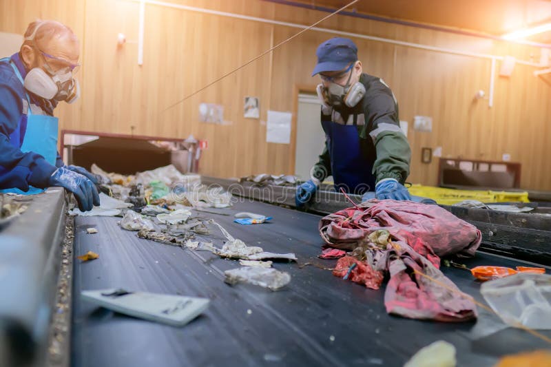 Conveyor for Sorting Garbage Waste by People. Garbage Processing ...