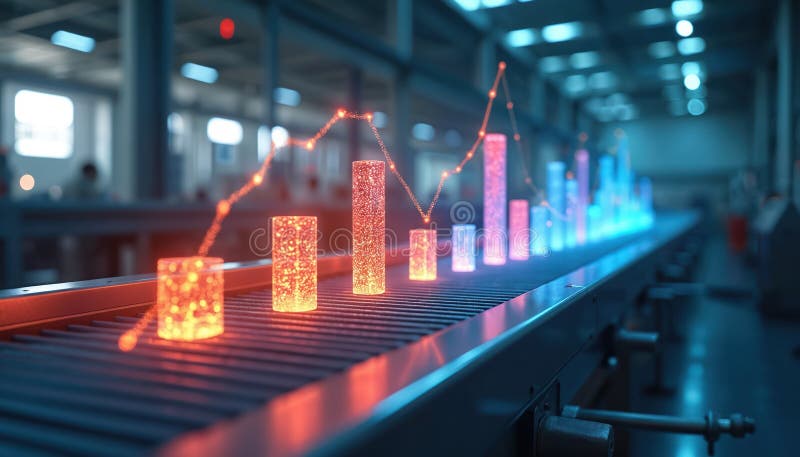 Conveyor System with Glowing Columns Representing Demand Forecast Chart ...
