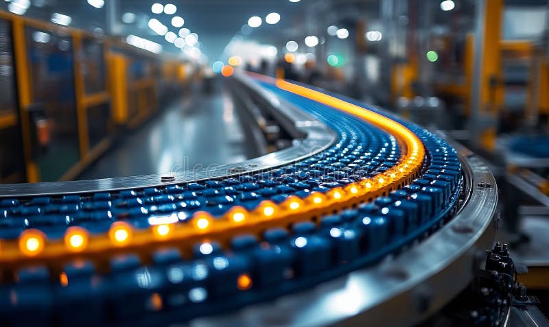 Conveyor System with Illuminated Pathway in a Modern Factory Setting ...