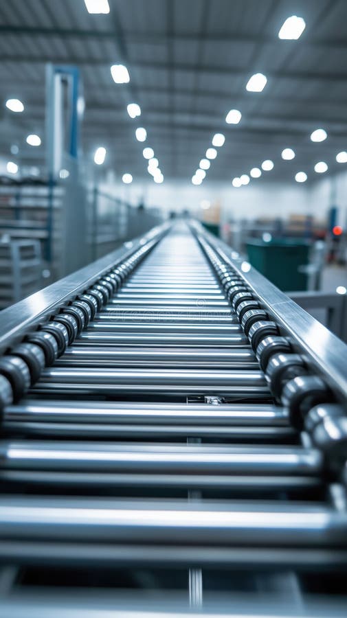 Conveyor System with Metal Rollers in Industrial Setting, Showcasing Efficiency and Design Stock ...