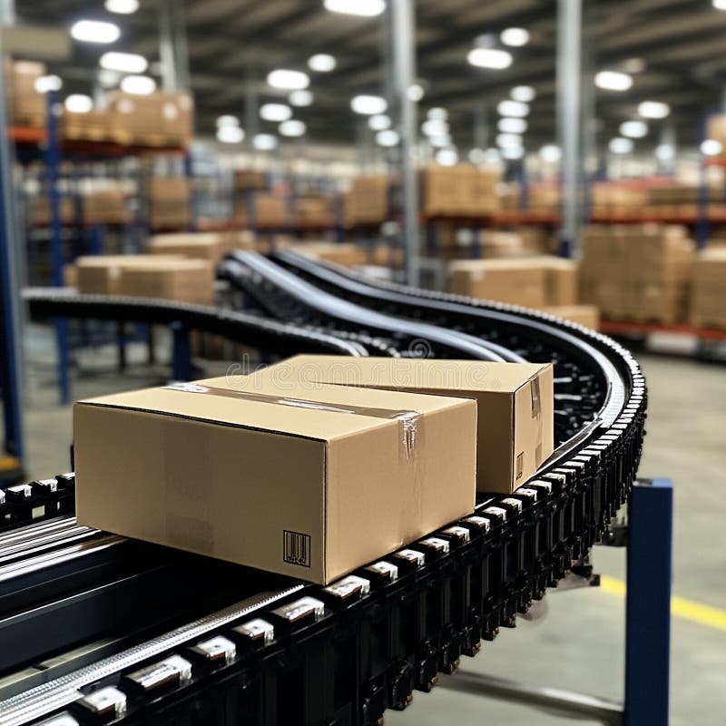 Conveyor System in a Spacious Warehouse with Cardboard Boxes. the ...