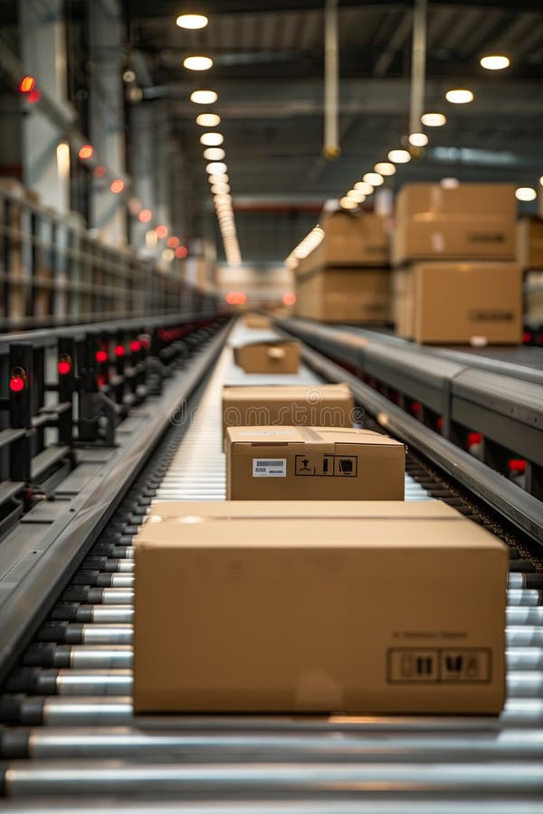 Conveyor System Transporting Cardboard Boxes, Prepared for Shipping by ...