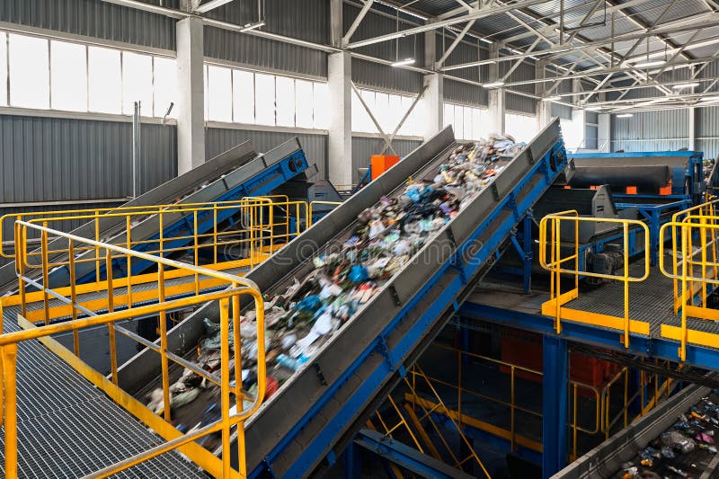 Conveyors Carry Trash and Empty Platforms at Recycling Plant Stock ...