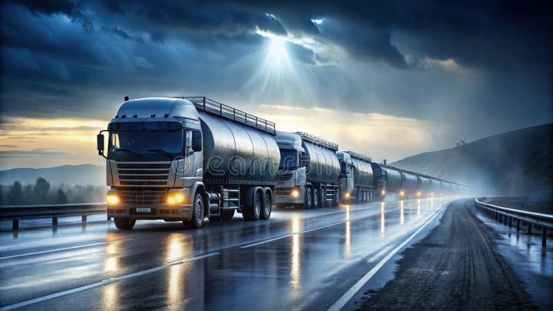 Convoy of Tanker Trucks on a Wet Highway Under a Dramatic Sky ...