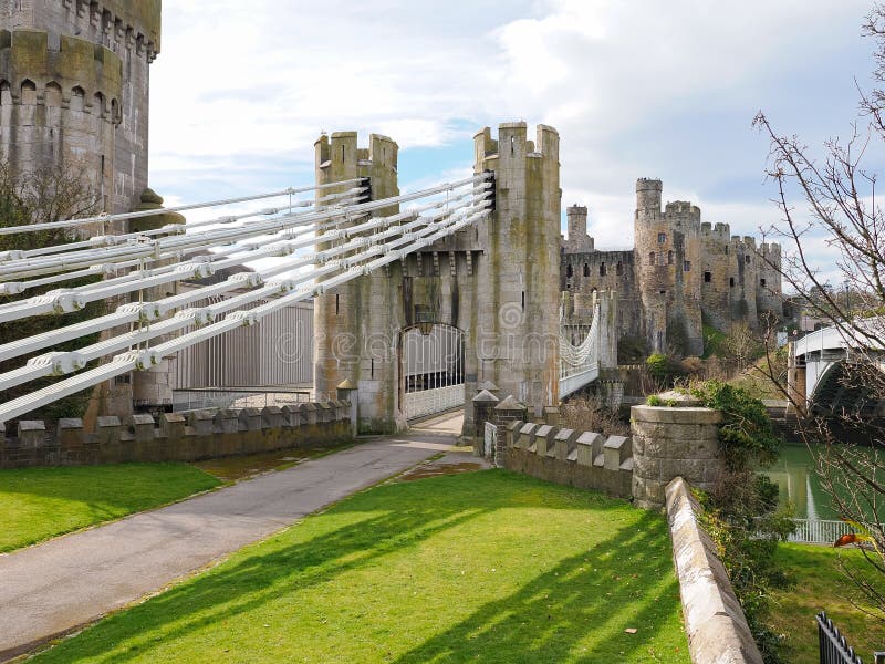 Conwy Suspension Bridge North Wales with Castle Stock Photo - Image of ...