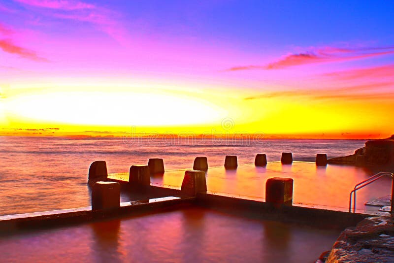 Coogee Beach Rock Pool Colourful Sunrise. Stock Image - Image of rock ...