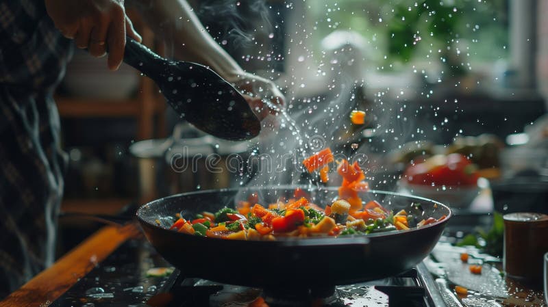 A Cook is Busy Stir Frying Vibrant Vegetables with Precision in a ...