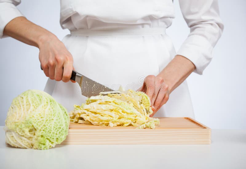 Cook Chopping Savoy Cabbage Stock Image - Image of hand, knife: 55682551