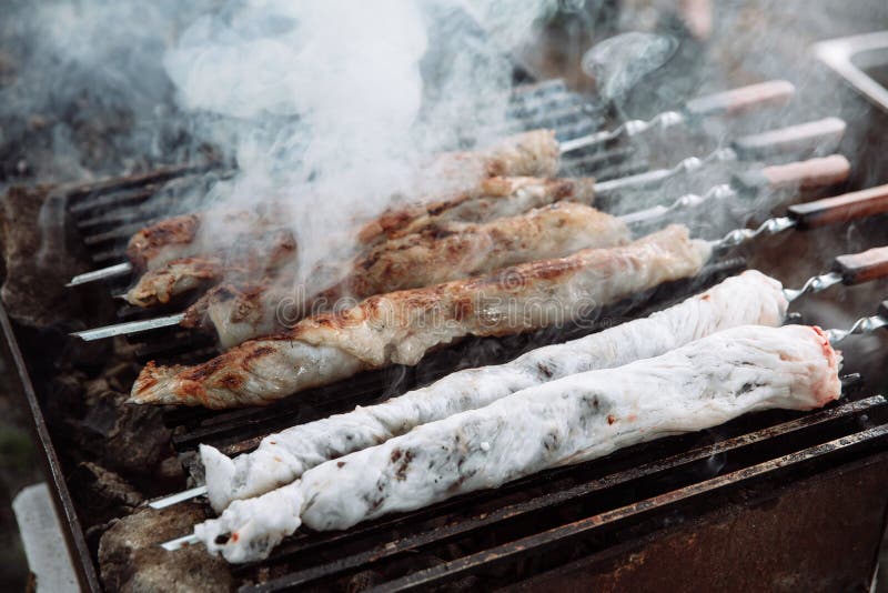 The cook is cooking kebab. stock photo. Image of barbeque - 173091460