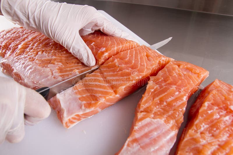 Cook Cut Up Raw Fish in Kitchen Stock Image - Image of restaurant ...