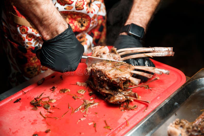 The Cook Cuts the Cooked Meat Stock Photo - Image of healthy, barbeque ...