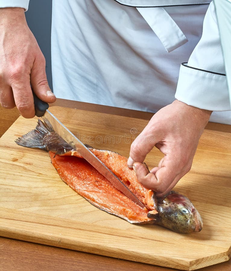 Cook Cuts Fish Full Collection of Food Recipes Stock Photo - Image of ...