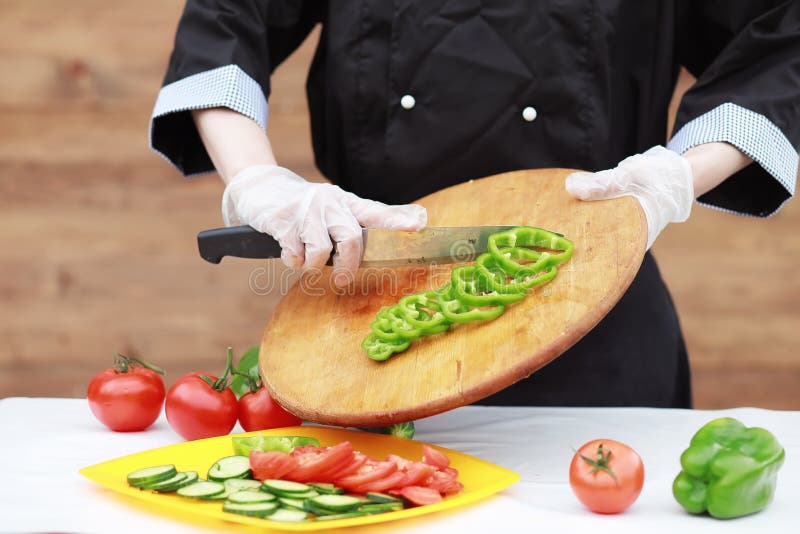 The Cook Cuts Fresh Farm Vegetables Stock Photo - Image of healthy ...