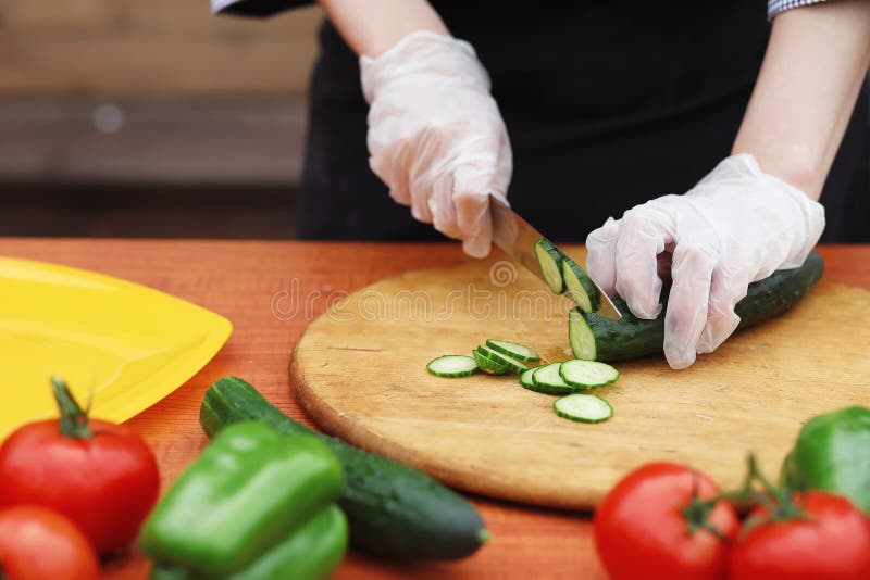 The Cook Cuts Fresh Farm Vegetables Stock Image - Image of chopping ...