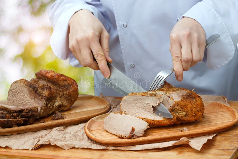 Cook cuts the meat . stock image. Image of dish, food - 108059225