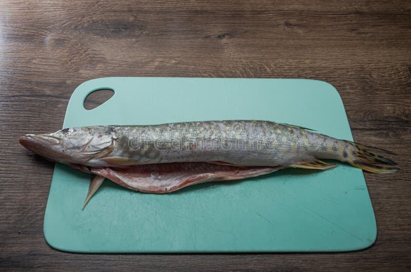 The Cook Cuts Raw Pike Fish on a Cutting Board with a Knife Stock Image ...