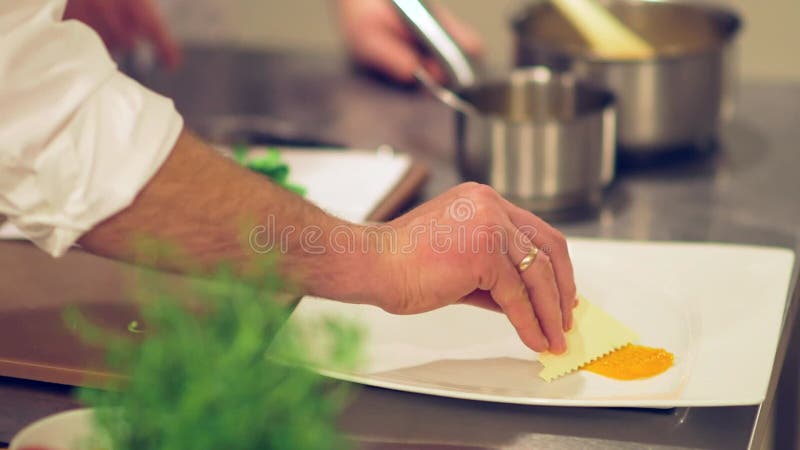 Cook Decoratively Spreads the First Layer of Puree on the Plate Stock ...