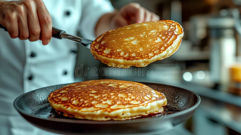 A Cook Flips a Pancake on a Hot Griddle Stock Illustration ...