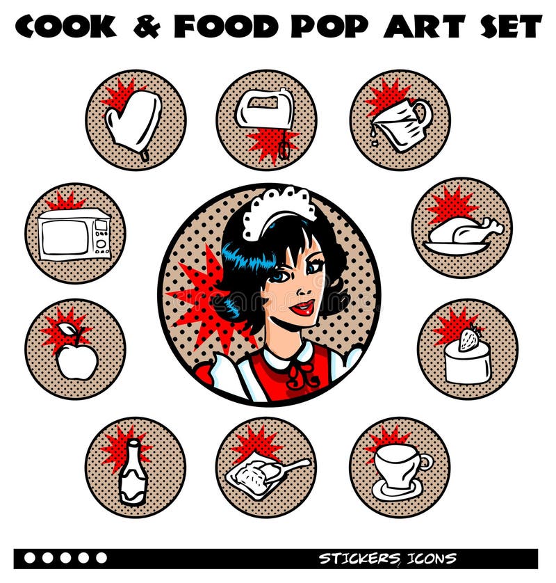Cook and Food Pop Art Icons Set Stock Illustration - Illustration of ...