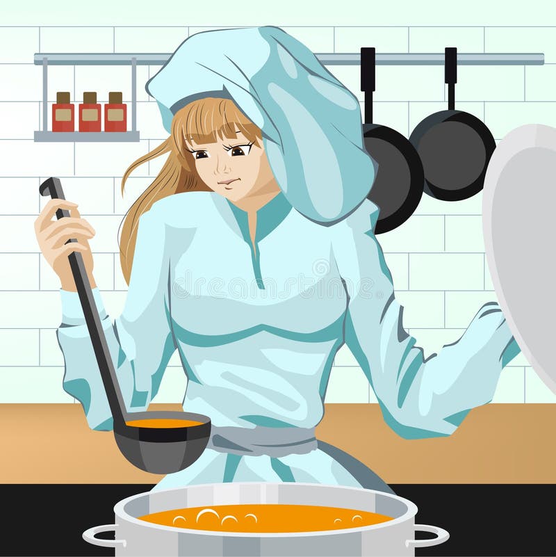 A Girl Cooking Dinner on the Kitchen Vector Cartoon Illustration Stock ...