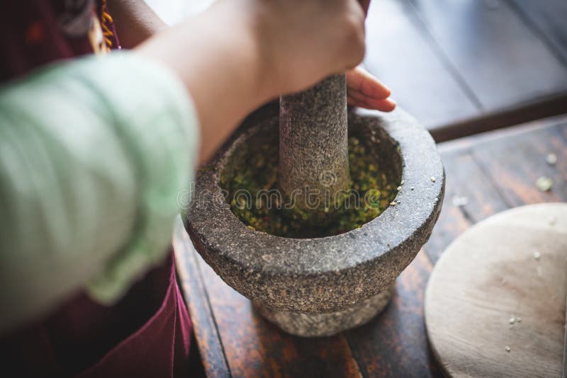 Cook with Mortar and Pestle Stock Photo - Image of toque, ingredients ...