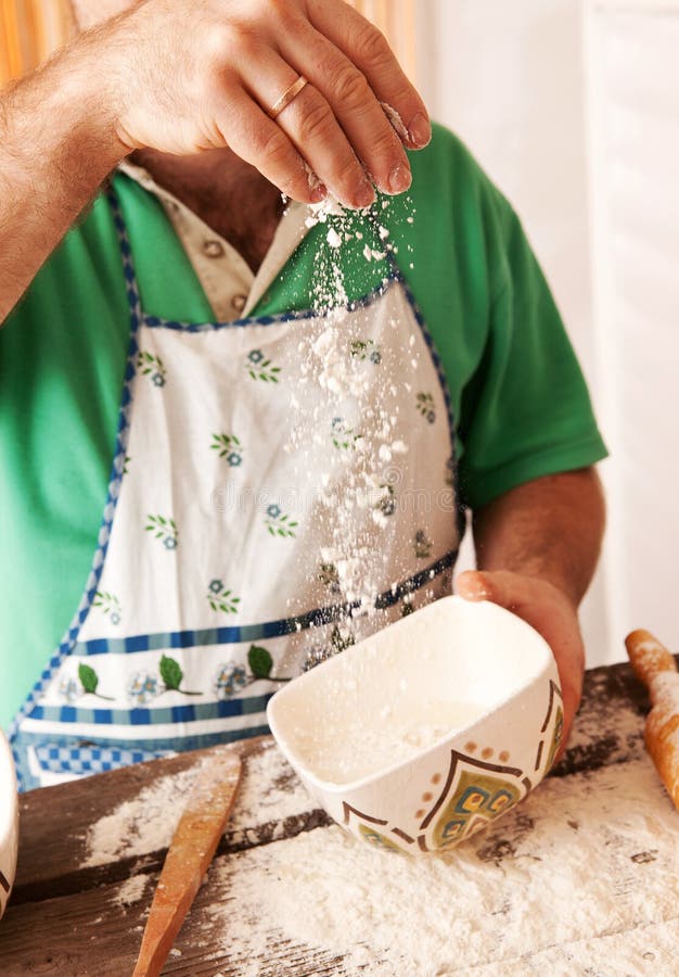 Cook Hand Pouring Flour in a Bowl Stock Image - Image of table, mixing ...