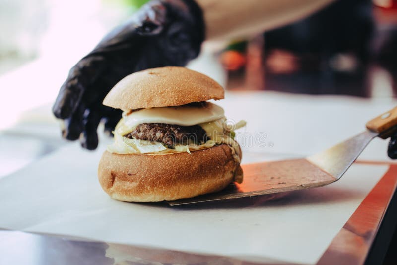 Cook Hands Preparing and Making Hamburger Stock Photo - Image of cheese ...