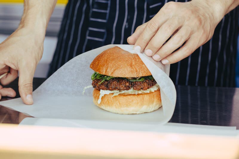 Cook Hands Preparing and Making Hamburger Stock Photo - Image of fast ...