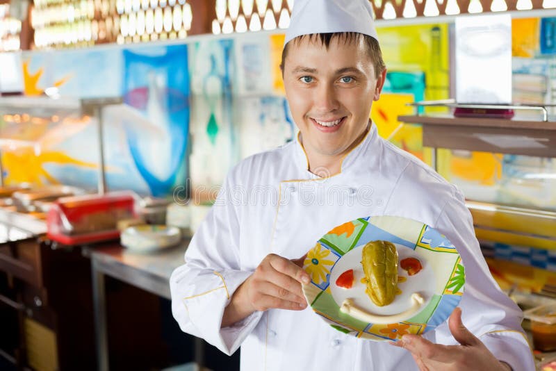 Cook Holding Dish with Salad in Form of Smile Stock Image - Image of ...