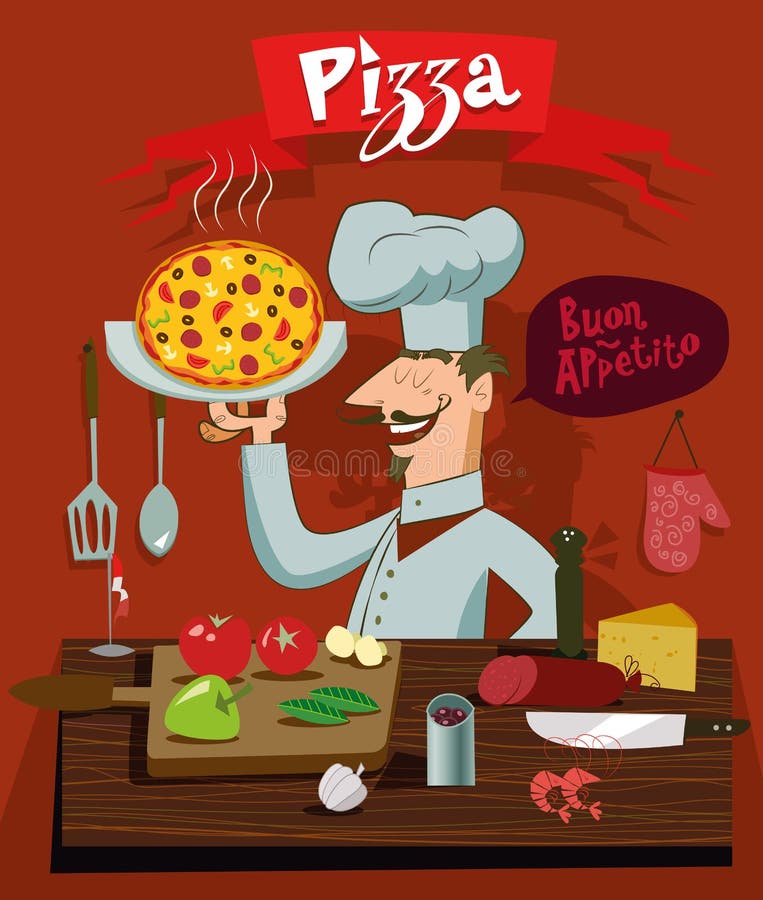 Cook in the Kitchen Preparing a Pizza. a Set of Ingredients for Design ...