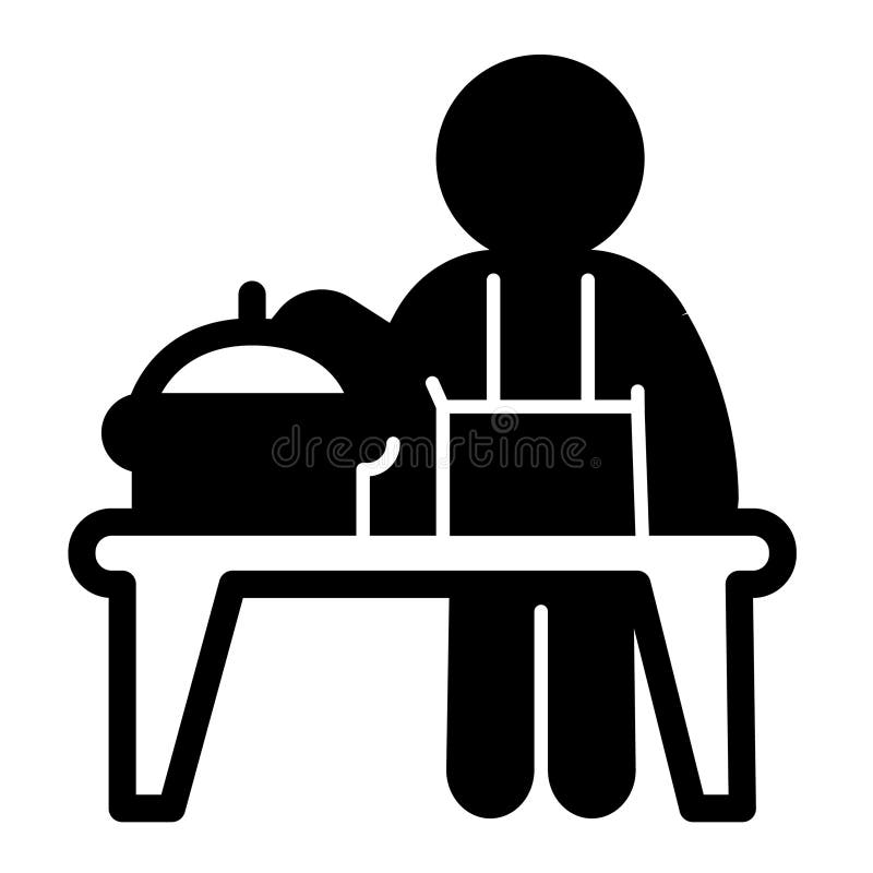 Cook and Kitchen Table with Saucepan Solid Icon, Culinary Cooking ...