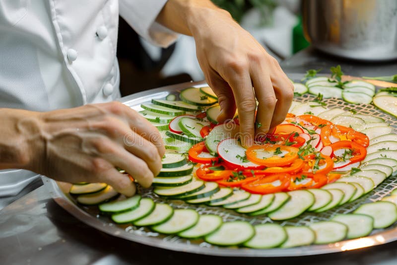 Cook Layering Vegetable Slices To Create a Mosaic on a Platter Stock ...