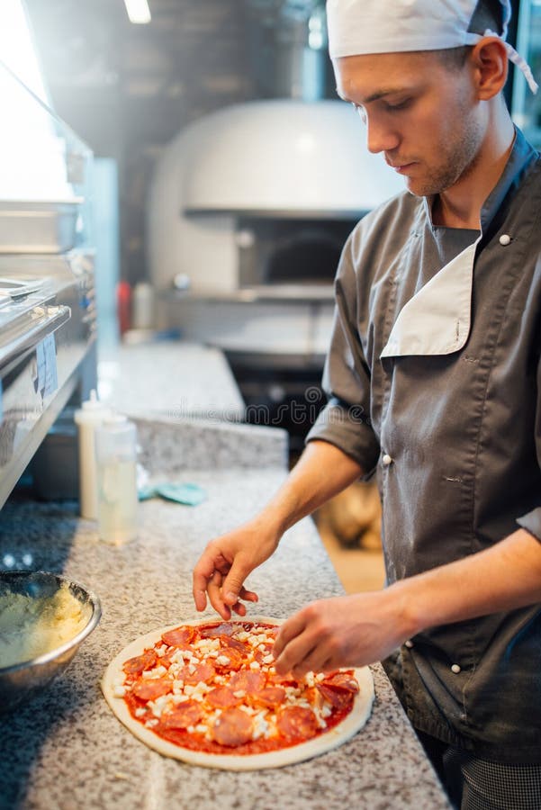 Chef Makes Pizza. Catering Kitchen Work. Stock Photo - Image of ...