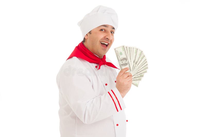 Cook Man Holding Fan of Dollars Wearing White Uniform Stock Photo ...