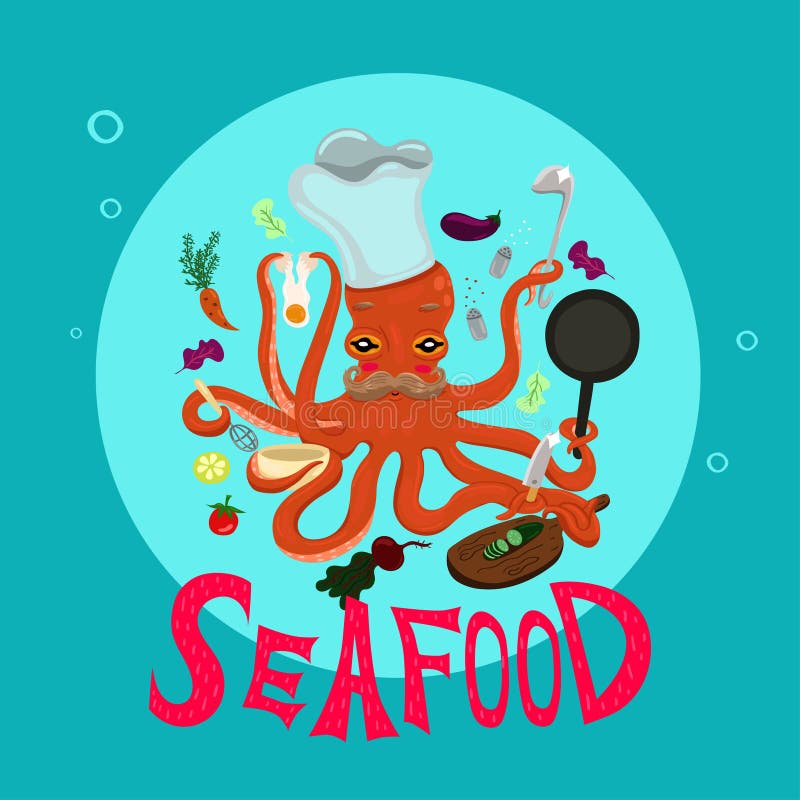 Cook - Octopus is Cooking. Cartoon Style. Vector Stock Illustration ...