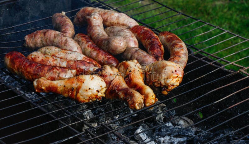 Cook Out. Sausages and Chicken on Grill Stock Photo - Image of lunch ...