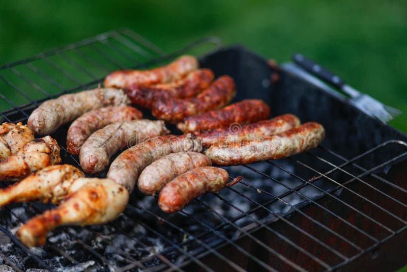 Cook Out. Sausages and Chicken on Grill Stock Photo - Image of picnic ...