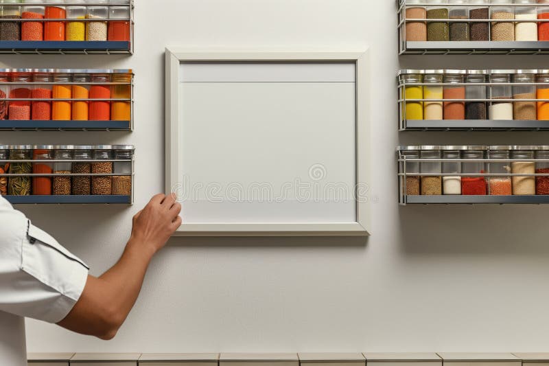 Cook Places an Empty Frame on a Kitchen Wall between Spice Racks Stock ...