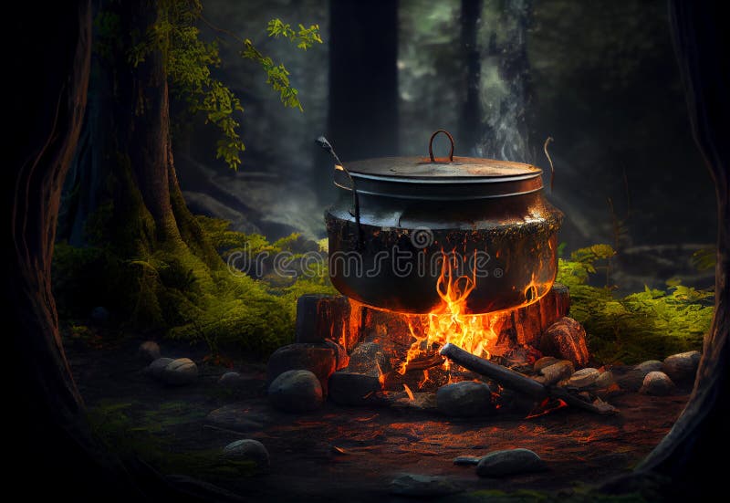 Cook in a Pot on a Fire in the Forest. Stock Illustration ...