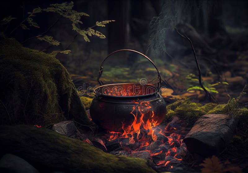 Cook in a Pot on a Fire in the Forest. Stock Illustration ...