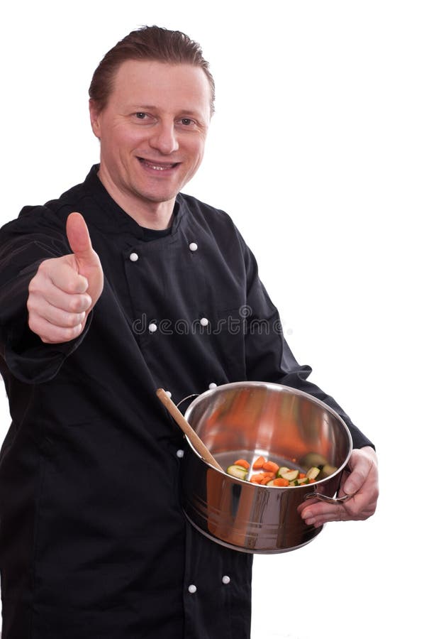 Cook with a Pot is Holding His Thumb Up Stock Photo - Image of chef ...