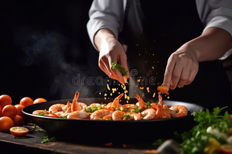 Cook Prepares Shrimps with Sprigg Beans. Cooking Seafood Stock ...