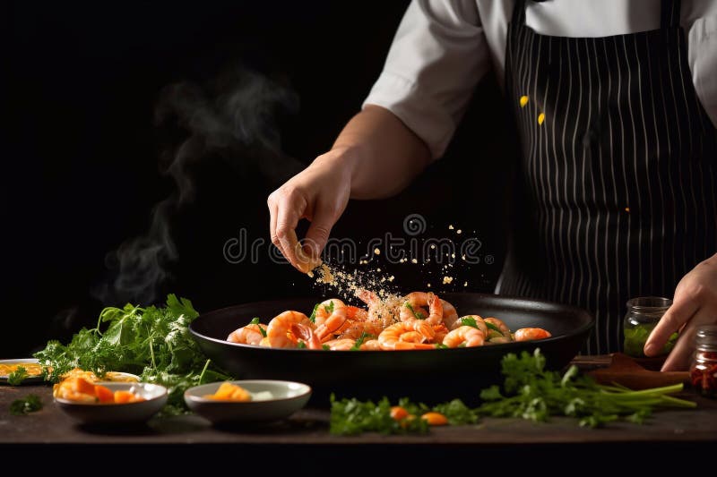 Cook Prepares Shrimps with Sprigg Beans. Cooking Seafood Stock ...