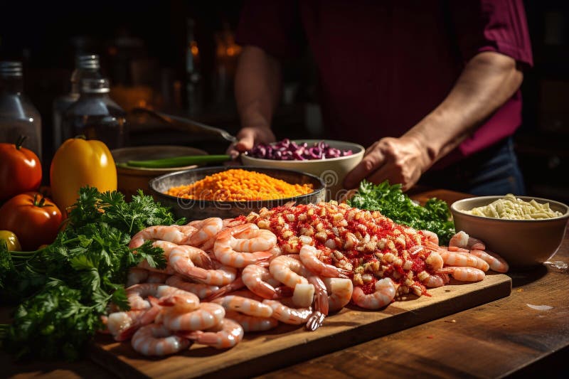 Cook Prepares Shrimps with Sprigg Beans. Cooking Seafood Stock ...